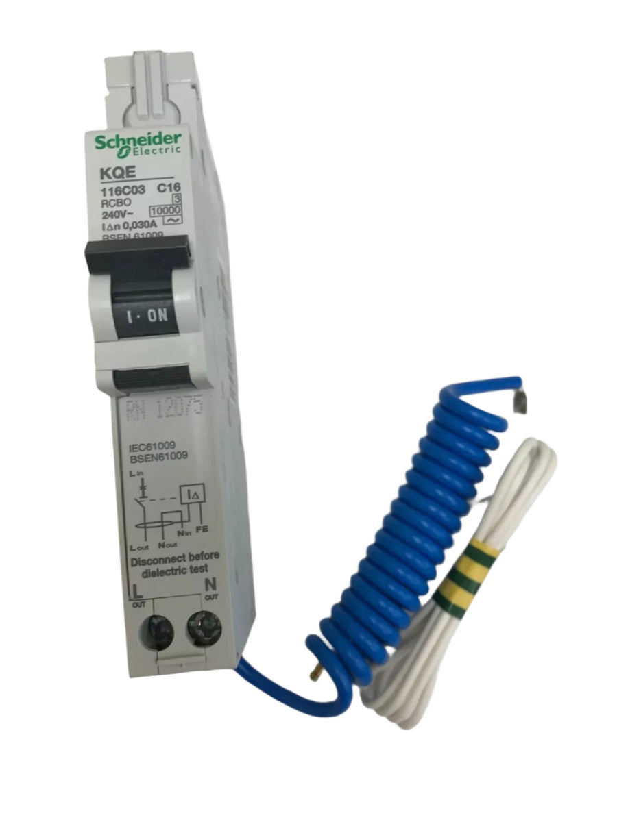 SCHNEIDER 16A 30MA CURVE C 10kA 30mA RCBO TYPE AC KQE116C03 – PRO BREAKERS