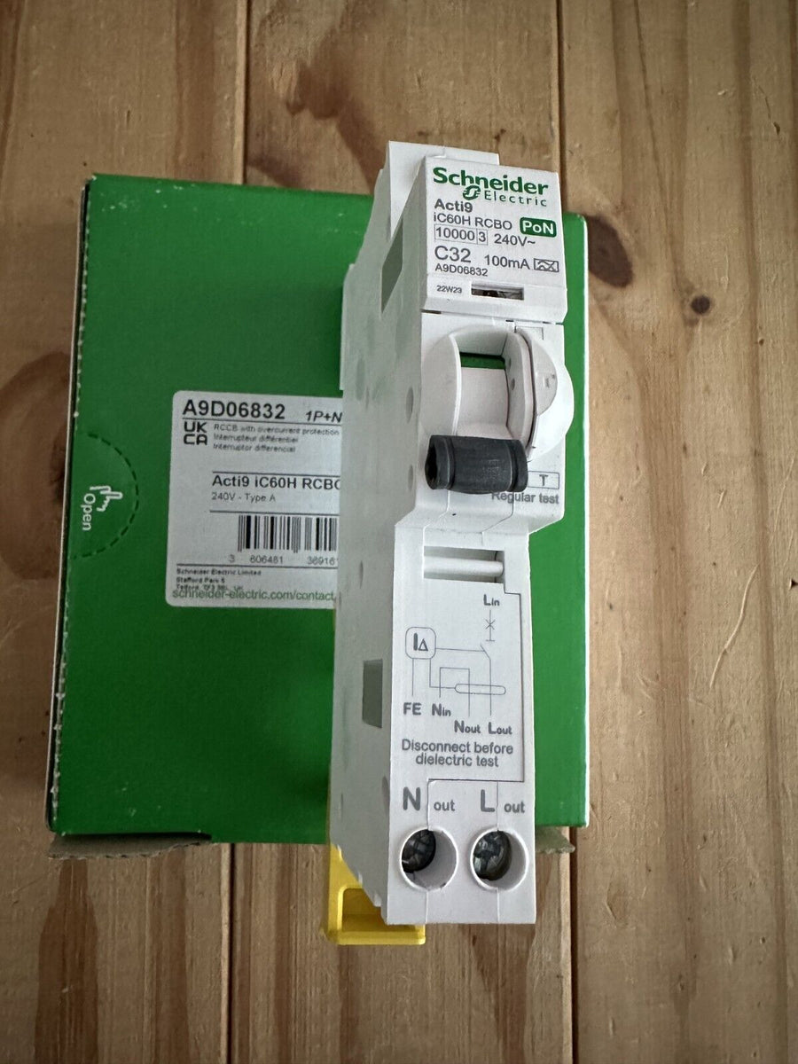SCHNEIDER A9D06832 32A 100MA ACTI 9 ACTI9 RCBO PoN TYPE C C32 1 POLE ...