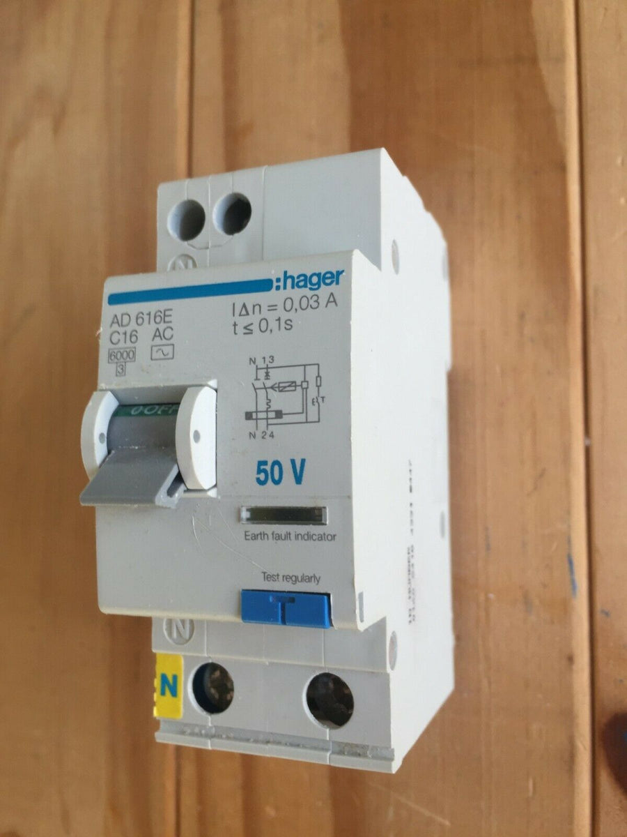 HAGER 16 AMP 30 mA DOUBLE 2 POLE AC RCD AD616E TYPE C C16 50V – PRO ...