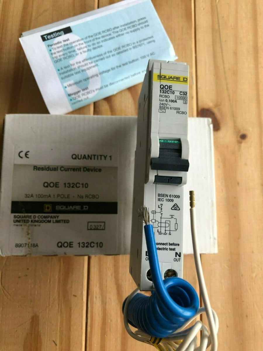 SQUARE D 32 AMP 100MA TYPE C 10kA 30mA RCBO RCD MCB QOE132C10 1 POLE ...