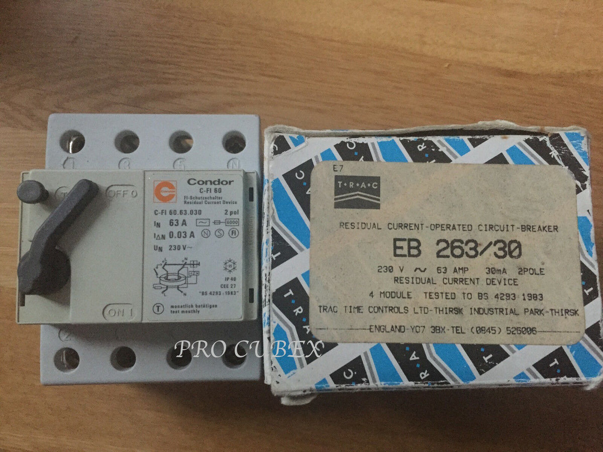 CONDOR 63 AMP 30 mA DOUBLE POLE RCD 230V C FI 60 63 030 BS 4293 2 POLE ...